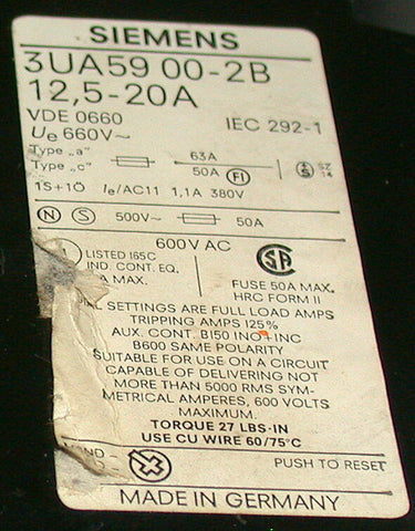 SIEMENS MOTOR OVERLOAD RELAY 12.5-20 AMP MODEL 3UA5900-2B