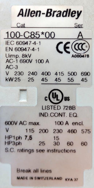 Allen-Bradley 100-C85*00 Ser. A 3-Phase AC Contactor 100A 600VAC ...