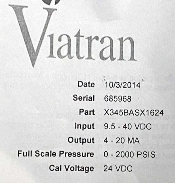 Viatran X345BASX1624 Pressure Transmitter 9.5-40 VDC 4-20 MA 24 VDC 0-