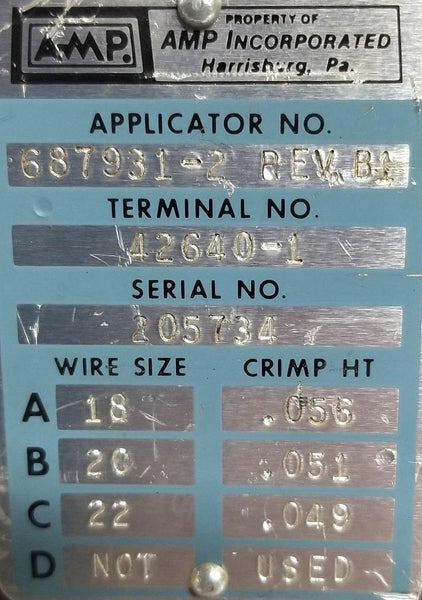 AMP 687931-2 Side Feed Terminal Tool Press Applicator 42640-1 Rev-B1