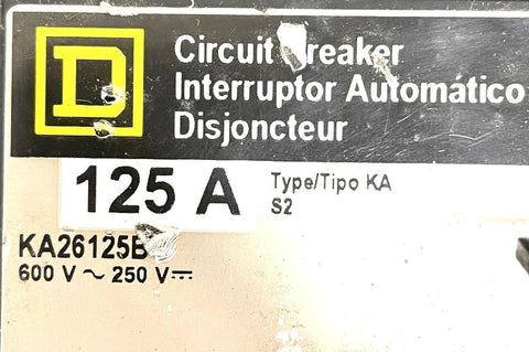 Square D KA26125BC 2-Pole I-Line Circuit Breaker 125A 600V 1 PH Plug-I