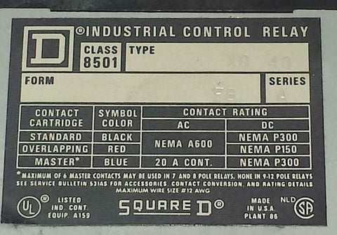 Square D 8501X040 Control Relay Series A 4 N.O. Contacts 110/120 VAC C