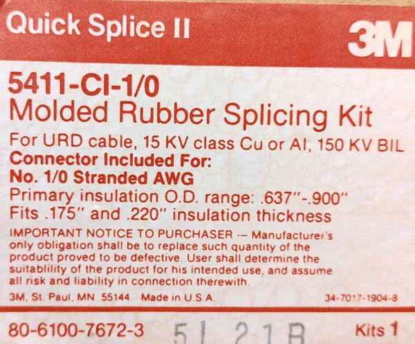 3M 5411-CI-1/0 Quick Splice II Molded Rubber Splicing Kit .637" - .900