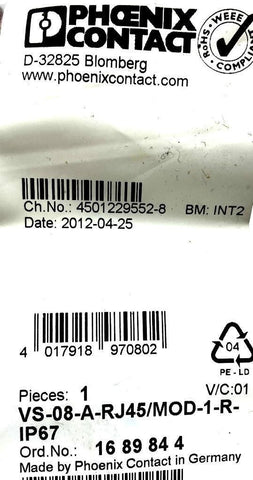 Phoenix Contact VS-08-A-RJ45/MOD-1-R-IP67 RJ45 Panel Mounting Frame W/