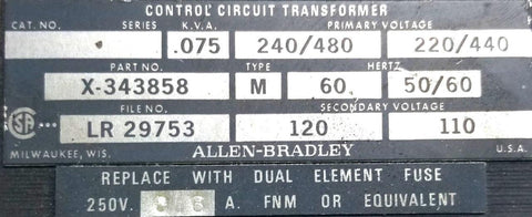 Allen-Bradley Control Circuit X-343858 Transformer 220-480V Type M 50-