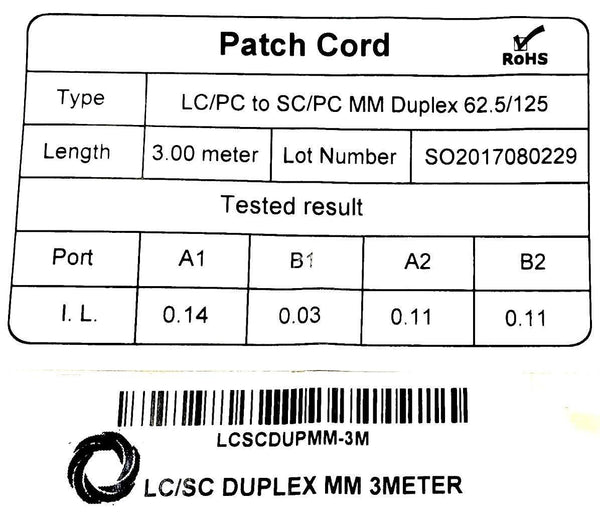 RoHS LCSCDUPMM-3M Patch Cord 3M LC/PC to SC/PC Duplex 62.5/125 (Lot of ...
