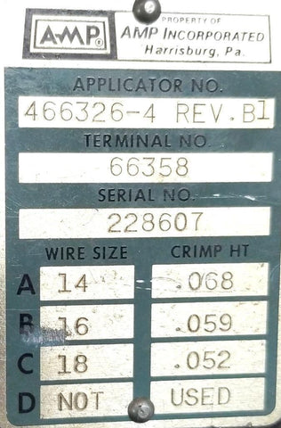 AMP 466326-1 Side Feed Terminal Tool Press Applicator 66358 Rev-B1