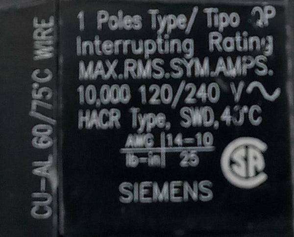 Siemens Q120 Miniature Circuit Breaker 20A 1 Pole 120VAC; Plug In Moun