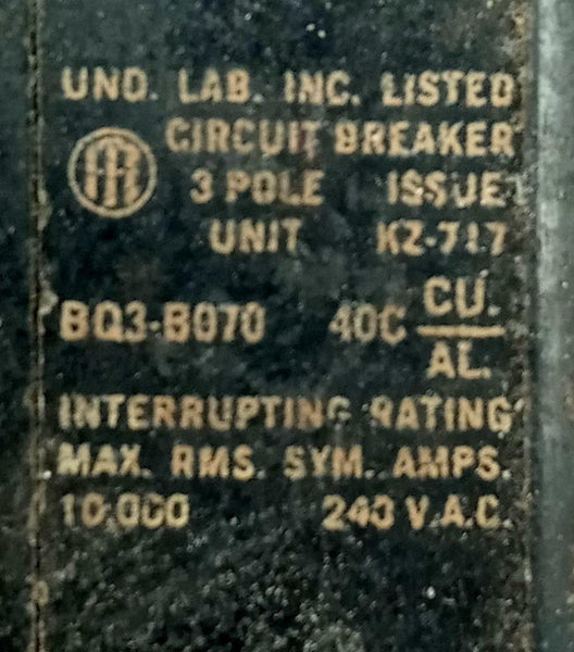 ITE Siemens BQ3-B070 3 Pole Molded Case Circuit Breaker 70A 240V