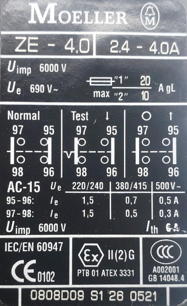 Moeller ZE-4 Overload Relay 2.4-4.0A 240-600VAC AC-15 Uimp-6000V 326-8