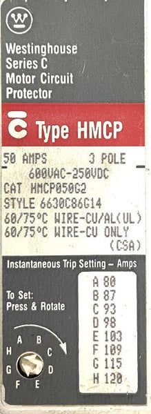 Westinghouse HMCP050G2 3-Pole Circuit Breaker 50A 600VAC 250VDC 3PH Fe
