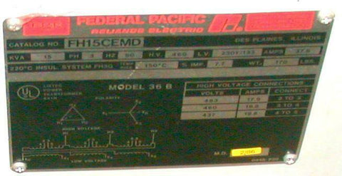 Federal Pacific Reliance FH15CEMD 3-Phase Dry Type Transformer 15 KVA