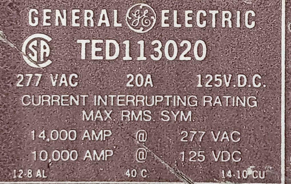 General Electric THED113020 1 Pole Circuit Breaker 20A 277VAC