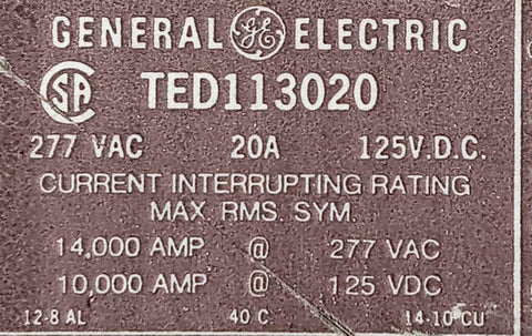 General Electric THED113020 1 Pole Circuit Breaker 20A 277VAC