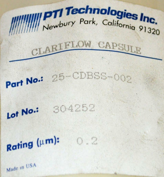 NEW PTI TECHNOLOGIES INC. 25-CDBSS-002 CLARIFLOW CAPSULE 0.2 UM
