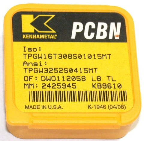 Kennametal 2425945 PCBN Tipped Inserts TPGW16T308S0105MT KB9610 New | Surplus Select