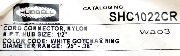 Lot of (2) Hubbell SHC1022CR Cord Connector 1/2" NPT HUB .25" - .38" R