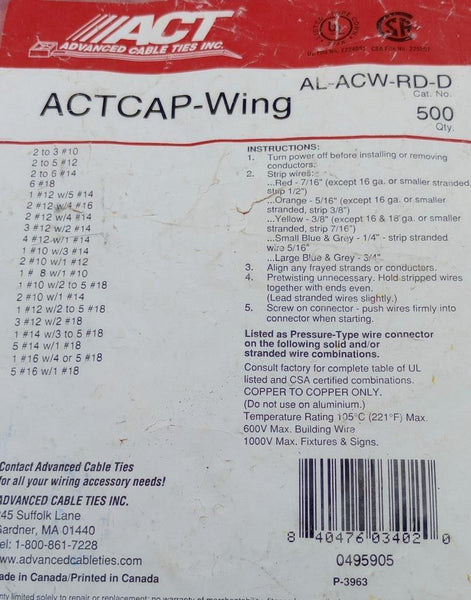 Advanced Cable Ties ACT AL-ACW-RD-D Wing Wire Connectors Red - Pack of