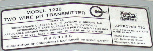 INGOLD 2 WIRE PH TRANSMITTER 40 VDC MAX MODEL 1220