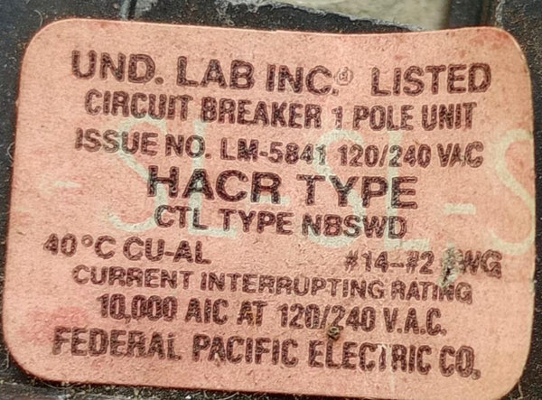 Lot of (3) Federal Pacific NB120 1-Pole Stab-Lok Circuit Breaker 20A ...