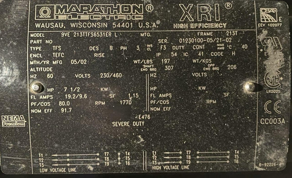Marathon 7.5 HP Motor 230/460V 3 Phase TEFC 213T 1770 RPM 9VE 213TTFS6