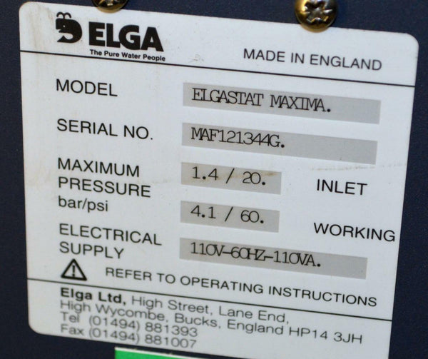 ELGA MAXIMA ELGASTAT MAXIMA. ULTRA PURE WATER SYSTEM - SOLD AS IS