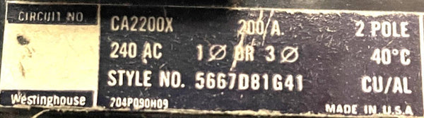 Westinghouse CA2200X 2-Pole Circuit Breaker 200A 240VAC 1 Phase Bolt-On ...