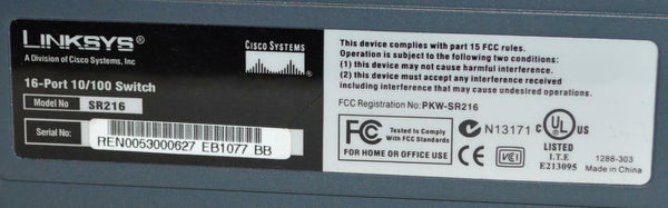 CISCO SYSTEMS SR216 LINKSYS 16 PORT 10/100 SWITCH 115 VAC