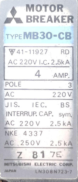 Mitsubishi Electric MB30-CB-4A 3-Pole Circuit Breaker 4A 220VAC MB30-C