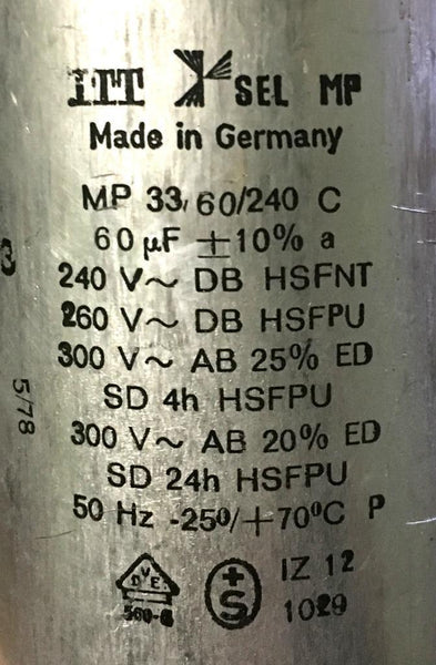 ITT MP 33 60/240 C Capacitor 240 Volts 60 uF