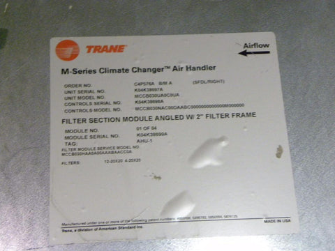 Trane MCCB030UA0C0UA M Series 4 Section Climate Changer Air Handler