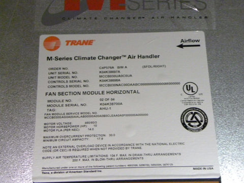 Trane MCCB030UA0C0UA M Series 4 Section Climate Changer Air Handler