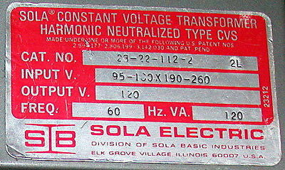 SOLA CONSTANT VOLTAGE TRANSFORMER MODEL 23-22-112-2