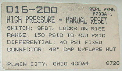 NEW RANCO HIGH PRESSURE CONTROL SWITCH MODEL 016-200 (2 AVAILABLE)